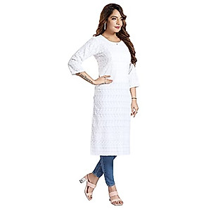 QUEEN SHIELD Women's Chikan-Kari Kurta (White)(2X-Large)(44#White#1010)