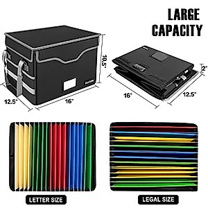 DocSafe File Box Fireproof Document Box with Lock,File Storage Organizer Box with Mesh Pockets,Collapsible Portable File Box Home Office File Cabinet with Handle for Hanging Letter/Legal Folder,Black