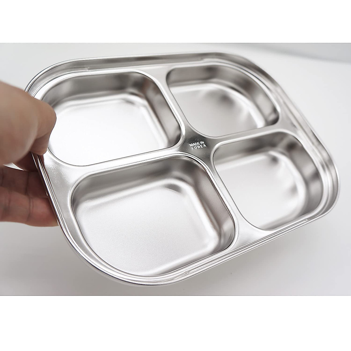 Korean Stainless Steel Divided Plates by KS&E, Little Kids Toddlers Babies Tray, BPA Free, Diet Food Control, Compact Serving Platter, Dinner Snack, 4 Compartment Plate Silver, Set of 2