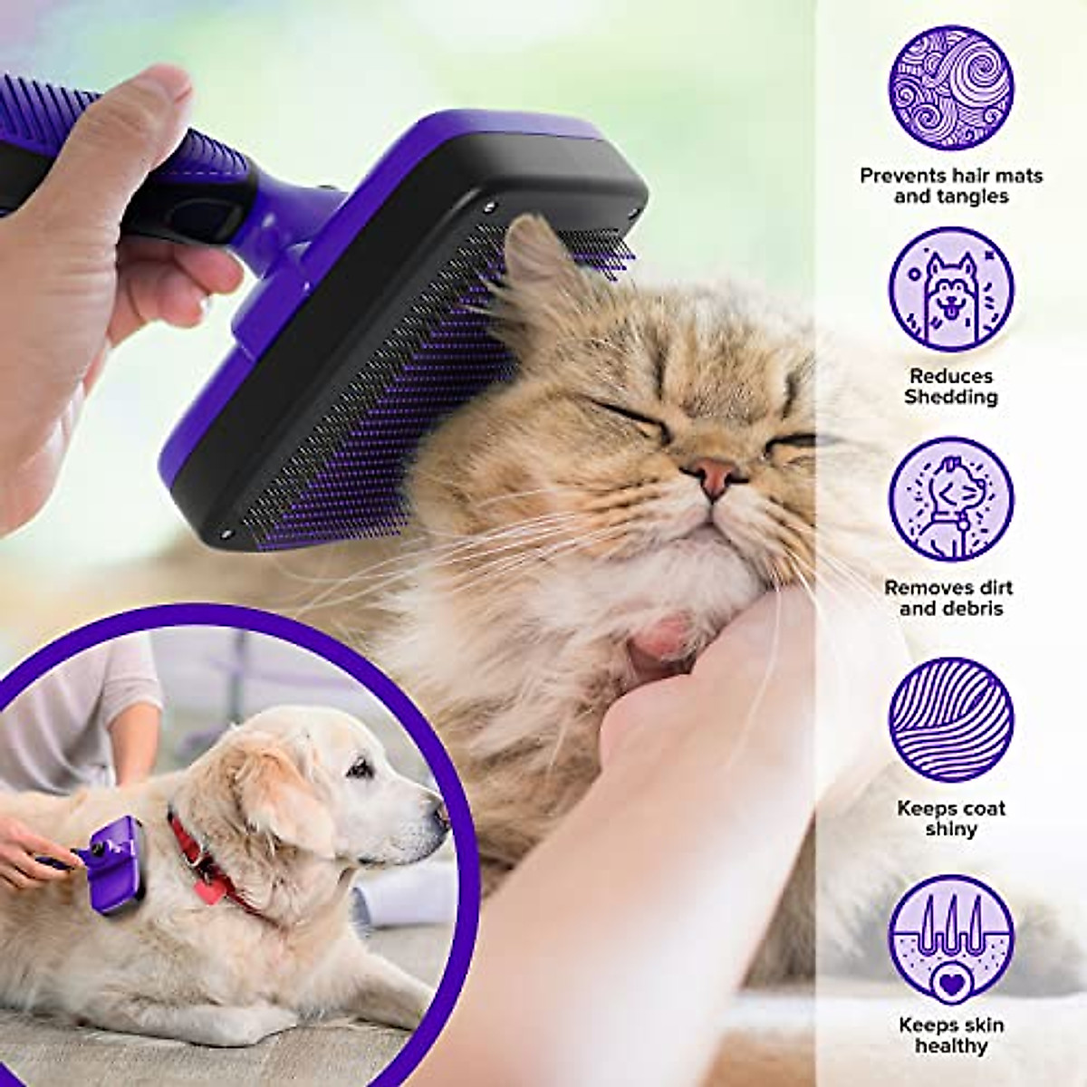 Ruff 'N Ruffus Self-Cleaning Slicker Brush With NO- PAIN Bristles | Gently Removes Loose Undercoat, & Tangled Hair | For Cats & Dogs | Reduces Shedding by 95% + Pet Nail Clipper & Comb included