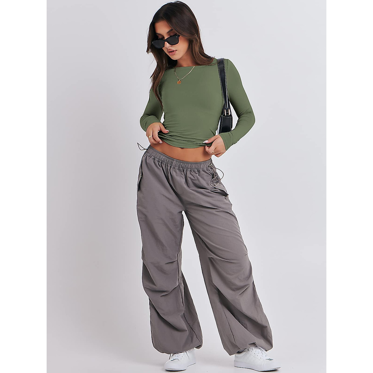 ANRABESS Women’s Long Sleeve Shirts Tight Fitted Going Out Crop Tops Crewneck Basic Tee Y2k Outfits Teens Girls Clothes Army Green S