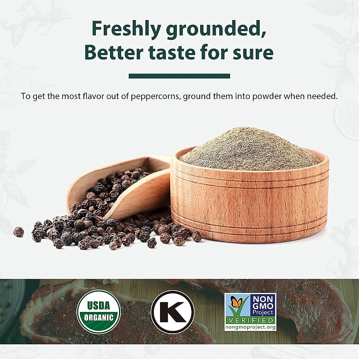 Soeos Organic Black Peppercorns, 18oz (Pack of 1), Non-GMO, Kosher, Packed to Keep Peppers Fresh, Peppercorn for Grinder Refill, Whole Peppercorns