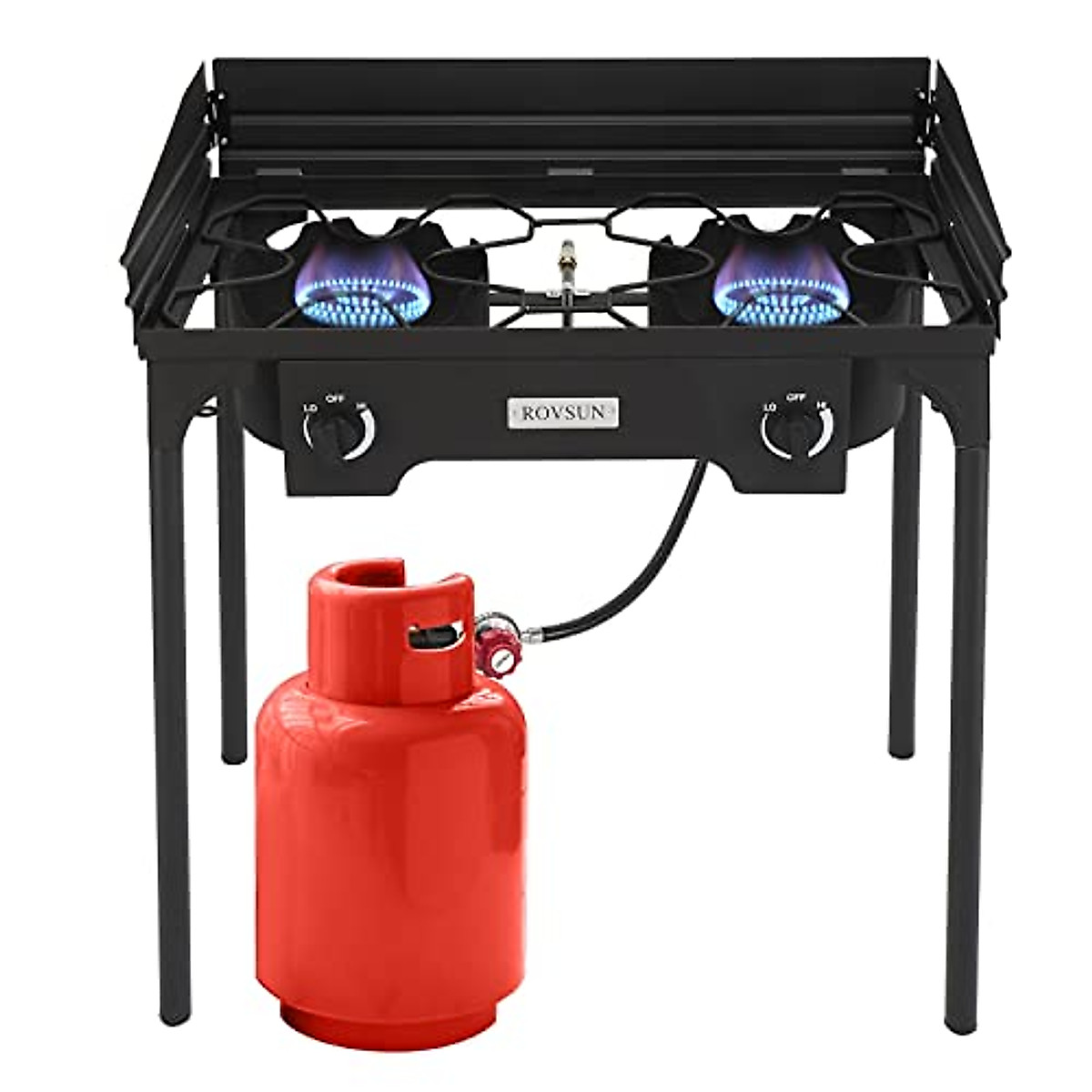 ROVSUN 2 Burner Outdoor Propane Gas Stove with Windscreen, 150,000 BTU High Pressure Stand Cooker for Backyard Cooking Camping Home Brewing Canning Turkey Frying, 20 PSI Regulator