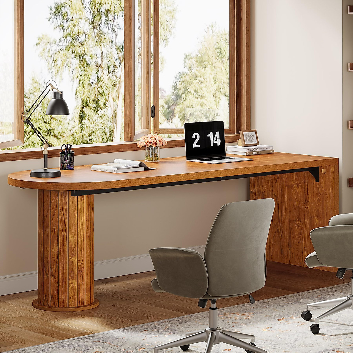 Tribesigns 78.74-Inch 2 Persons Double Desk, Extra Long Ellipse Computer Desk, Wooden Home Office Desk with Cylindrical Pedestal, Industrial Study Writing Table Workstation Business Furniture