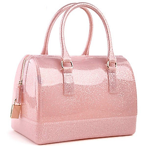 Ladies Summer Jelly Pillow-shaped Top Handle Handbag Candy Color Transparent Crystal Purse (Glitter Pink)