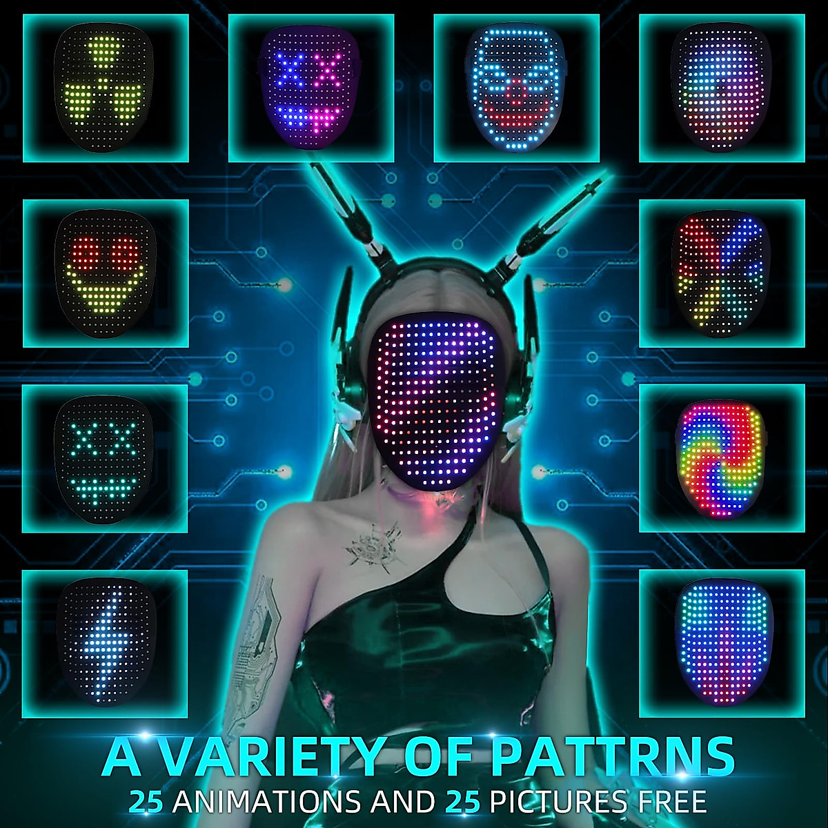 Ompusos LED Mask with Gesture Sensing Transforming Light Up Face Mask for Halloween Rave, Birthday and Masquerade Parties