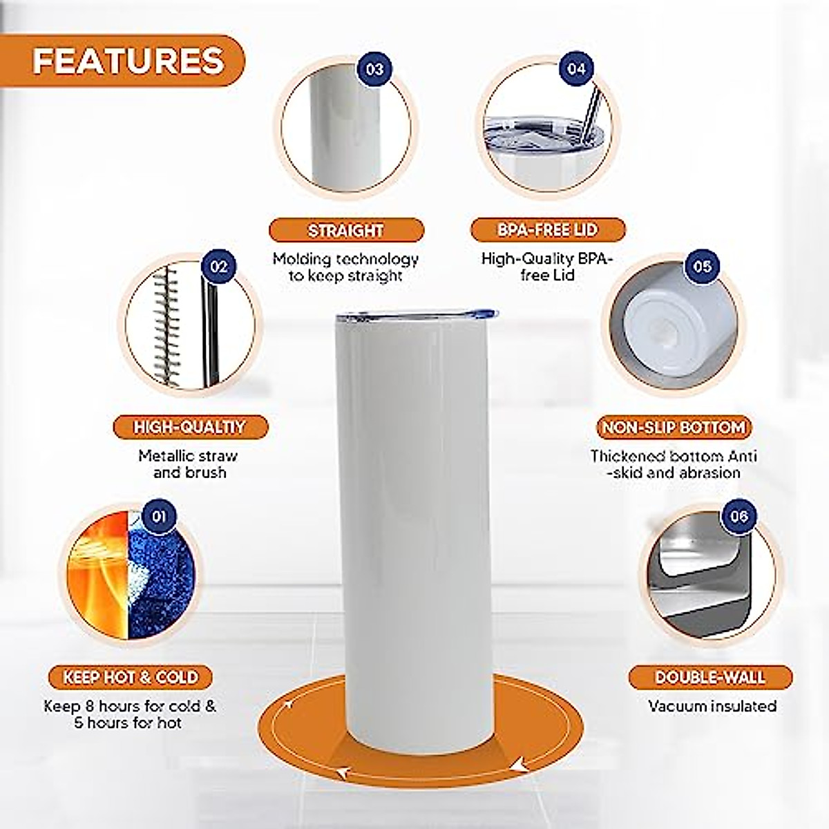 Cool Tumble Sublimation Tumblers 20 Oz Skinny Bulk 4 Pack - Stainless Steel Double Wall Insulated Straight Sublimation Tumbler White Blank Tumblers with Lids, Straws and Shrink Wraps