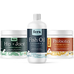 Fera Pets - Health Bundle of 3, Includes Fish Oil for Cats and Dogs (16oz), Organic Probiotics for Dogs and Cats with Prebiotics (60 Scoops), Hip and Joint Support for Dogs (90 Soft Chews)