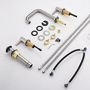 RKF Bathroom Faucets for Sink 3 Hole Brushed Nickel 8 inch Widespread Bathroom Sink Faucet with Drain Double Lever Handle Faucet Bathroom Vanity Faucet Basin Mixer Tap Faucet with Hose&Deck CWF028-BN