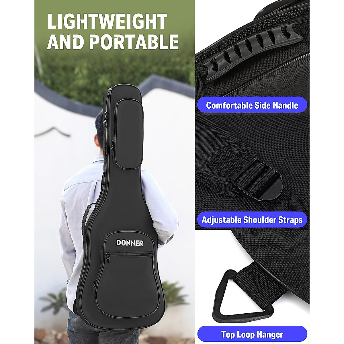 Donner 39 inch Electric Guitar Bag Gig Bag, 0.4 Inch Padded Sponge 600D Ripstop Waterproof Nylon Dustproof Soft Electric Guitar Case Adjustable Strap Black