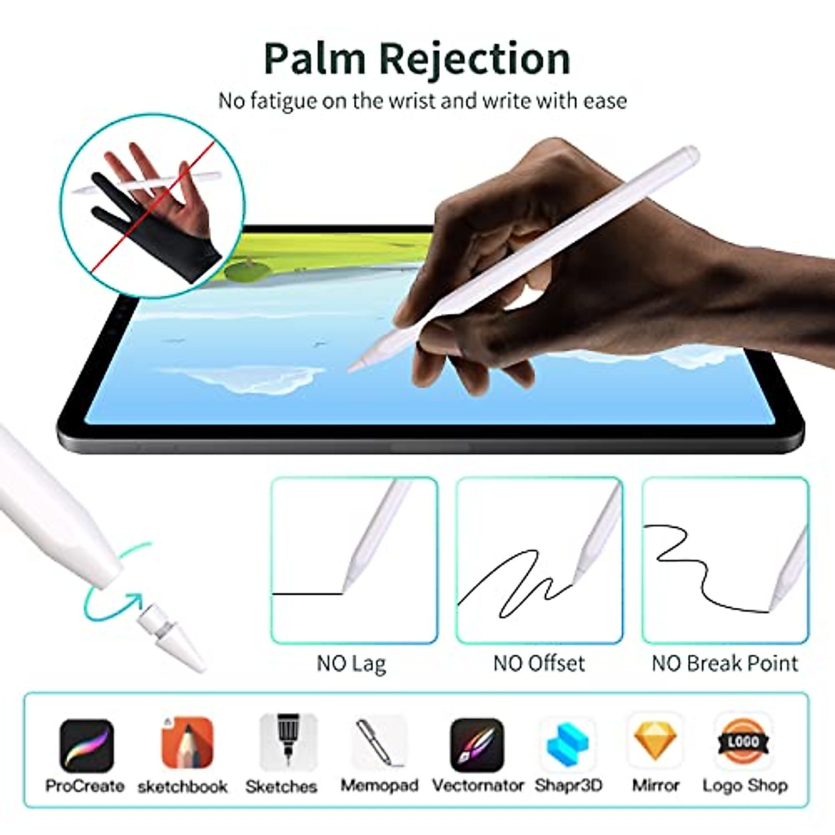 Wireless Charging Pencil for iPad with and Tilt Sensitive, Palm Rejection, iPad Pencil 2nd Generation Compatible with iPad Pro 11 inch 1/2/3/4, iPad Pro 12.9 Inch 3/4/5/6, iPad Air 4/5, iPad Mini 6