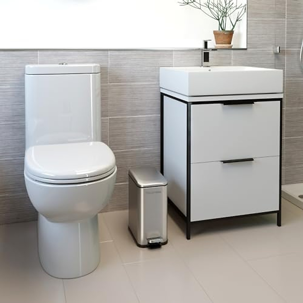 iTouchless SoftStep 1.3 Gallon Slim Bathroom Trash Can with Odor Filter and Removable Inner Bucket, Stainless Steel, 5 Liter Small Garbage Step Bin, Bathroom, Bedroom, Business, Home, Office Cubicle