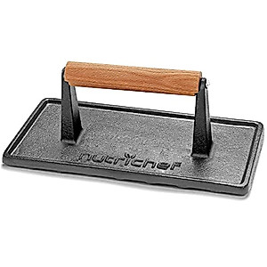 Nutrichef Cast Iron Grill Press - Heavy-Duty Griddle Press with Wooden Handle, Speeds Up Cooking Time on Steak, Burger Patty, Meats, Bacon, Quesadillas & More, Leave an Attractive Mark on Any Meat