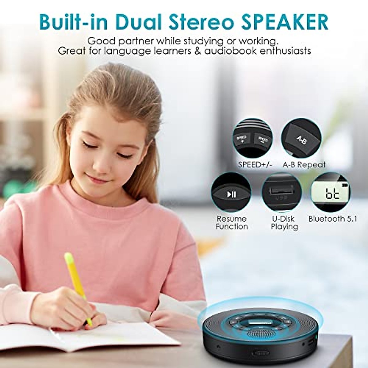 KOVCDVI Portable CD Player for Car Bluetooth CD Player with Speakers 1500mAh Rechargeable Battery Personal CD Players with Display Headphones Memory Function PROG Repeat Mode Supports USB MP3 AUX Play