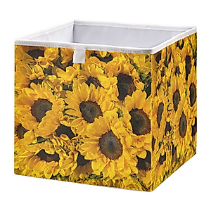 DOMIKING Sunflowers Storage Bin for Closet Shelves Bedroom Foldable Fabric Storage Baskets with Sturdy Handle Large Baskets Organization Cubes 11 Inch