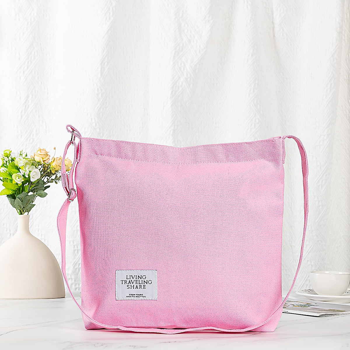 Covelin Women's Retro Large Size Canvas Shoulder Bag Hobo Crossbody Handbag Casual Tote Pink