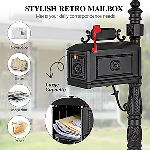Heavy Duty Mailbox Classic Decorative Cast Aluminum Mail Box Postal Vertical Pedestal (Black)