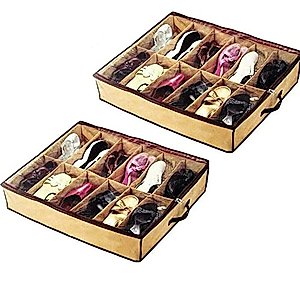Under Bed Shoe Storage Organizer Set of 2,Clear Foldable Shoes Storage with Handles Fits 24 Pairs-Sturdy Underbed Shoe Containers Box Bed Drawers,Made Materials with Front Zippered Closure