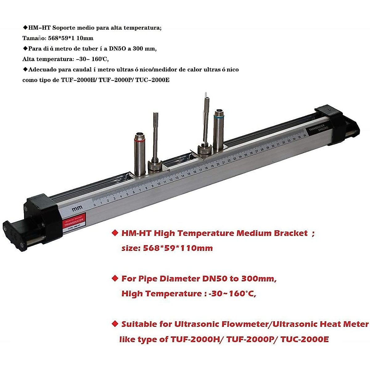 Portable Ultrasonic Flow Meter Liquid Flow Meter with 2 High Temperature TS-2-HT and TM-1-HT Transducer and Bracket HS-HT and HM-HT for Pipe Diameter DN25 to 300mm Max Liquid Temperature 160 Degrees