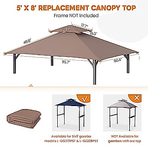 Akeacubo Replacement Canopy Cover with Double Tiered Roof Fit for 5'x8' BBQ Grill Gazebo Model L-GG001PST、L-GZ238PST - Khaki