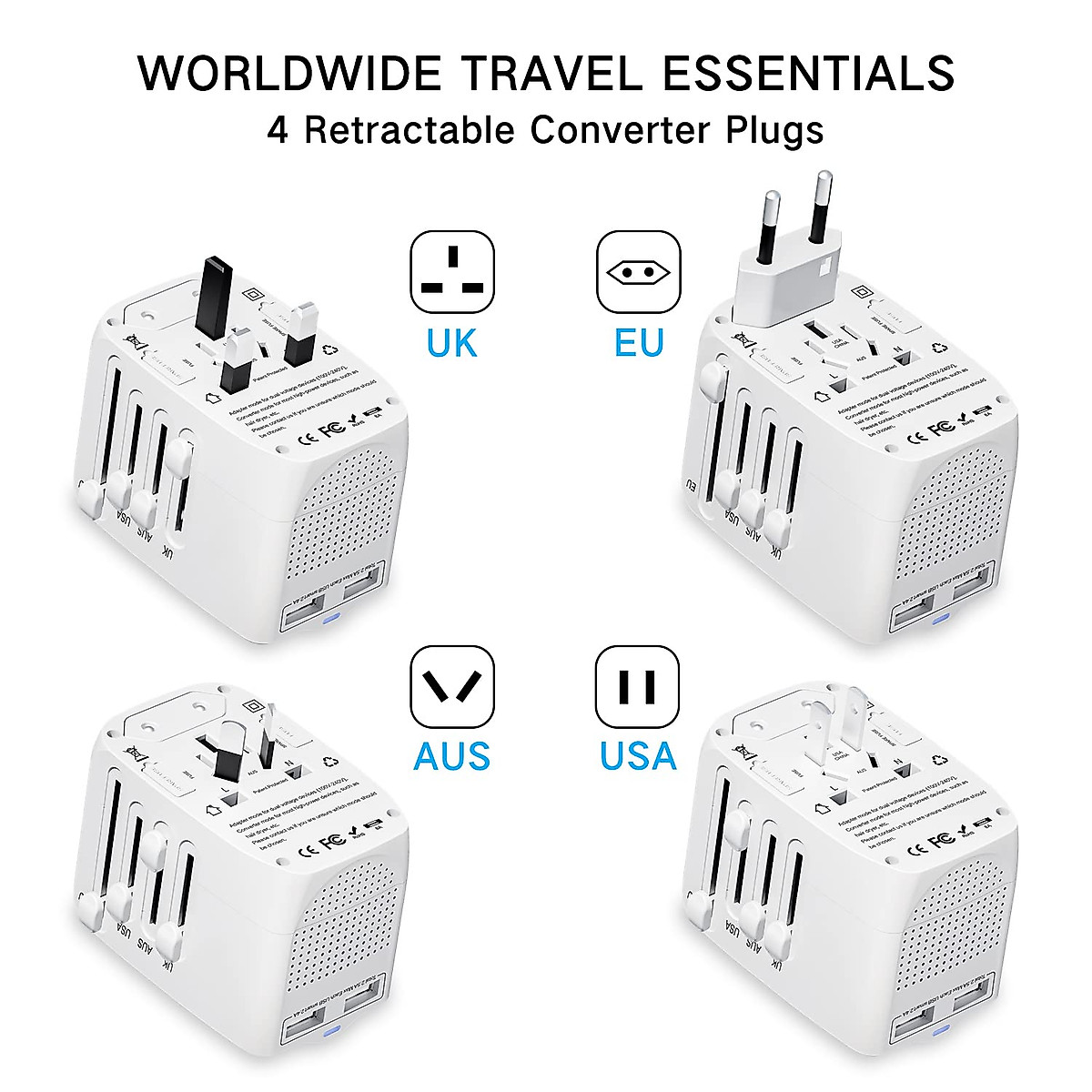 2000W Travel Voltage Converter, Universal Travel Adapter Voltage Converter Combo for 100V-240V, with 2 USB Ports, US to UK Europe Australia 200+ Countries Power Converter（White）