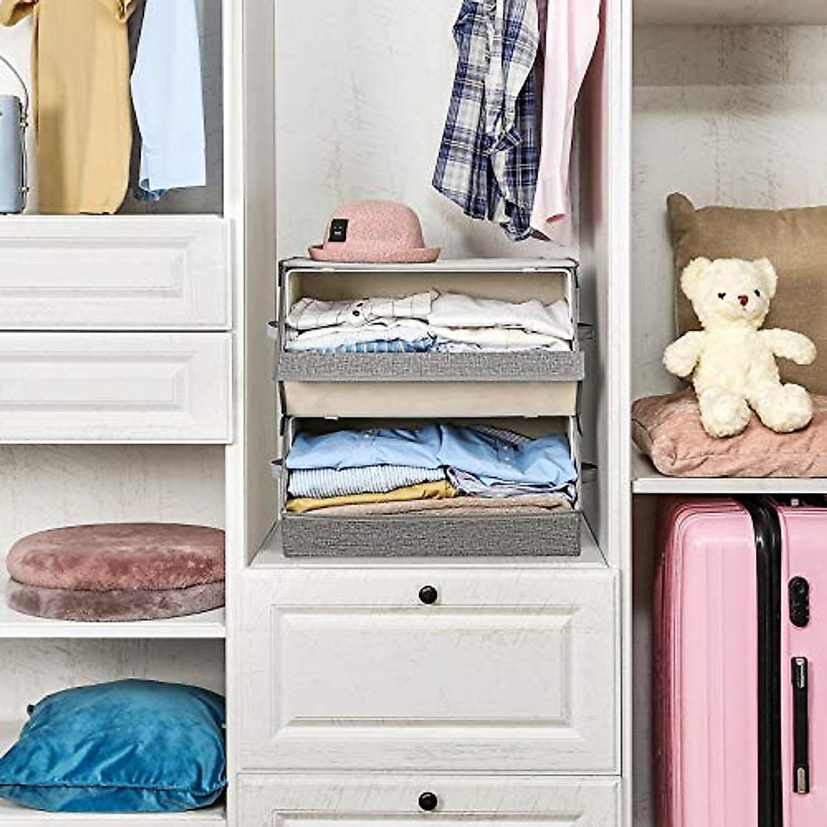 SONGMICS Stackable Storage Bins, Set of 2 Fabric Storage Boxes with Lids, with Magnetic Closures, Lid Can Stay Open after Stacking, ‎19.7 x 13.8 x 9.8 Inches, Light Gray URLB03GY