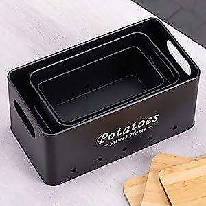 Simcat Kitchen Vegetable Storage Tins Set of 3, Potato Onion Garlic Kitchen Storage Canisters, Vegetable bin Keeper Containers with Aerating Holes and Wooden Lid (Black)