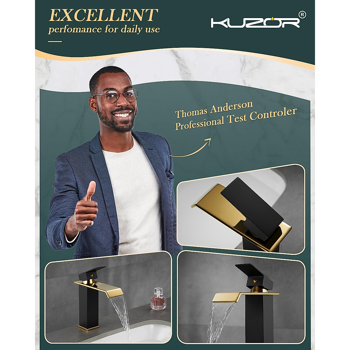 KUZOR Waterfall Bathroom Faucets 1 Hole Single Handle, Matte Black & Shiny Gold Bathroom Sink Faucet with Metal Pop Up Drain, Modern Square Faucet for Bathroom Sink Single Hole