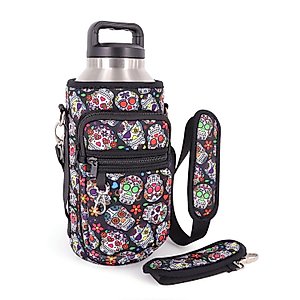 AJLTPA Half Gallon Water Bottle Sleeve with Strap and 2 Pockets, 64 oz Water Bottle Sleeve Carrier Compatible with Yeti & RTIC Half Gallon Jugs, 64oz Hydro Flask (Floral Sugar Skull)