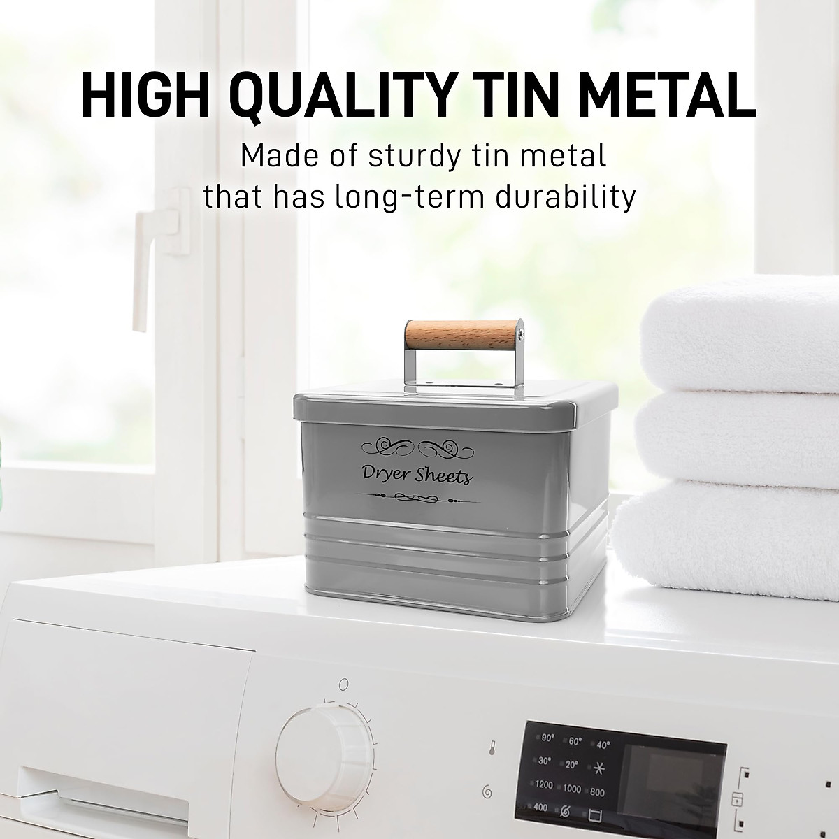 ELITAPRO Dryer Sheets Holder for Laundry Room - Farmhouse Dryer Sheet Box with Lid - Laundry Room Decor & Accessories - Metal Dryer Sheet Container for Laundry Room Organization & Storage (Khaki)