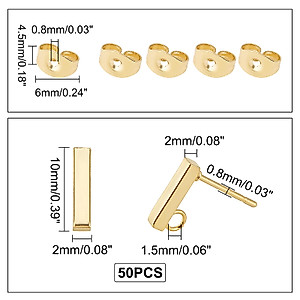 UNICRAFTALE 50pcs Rectangle Stud Earring Settings Stainless Steel Ear Stud with Loop and Ear Nuts 0.8mm Pin Earring Finding for DIY Jewelry Making