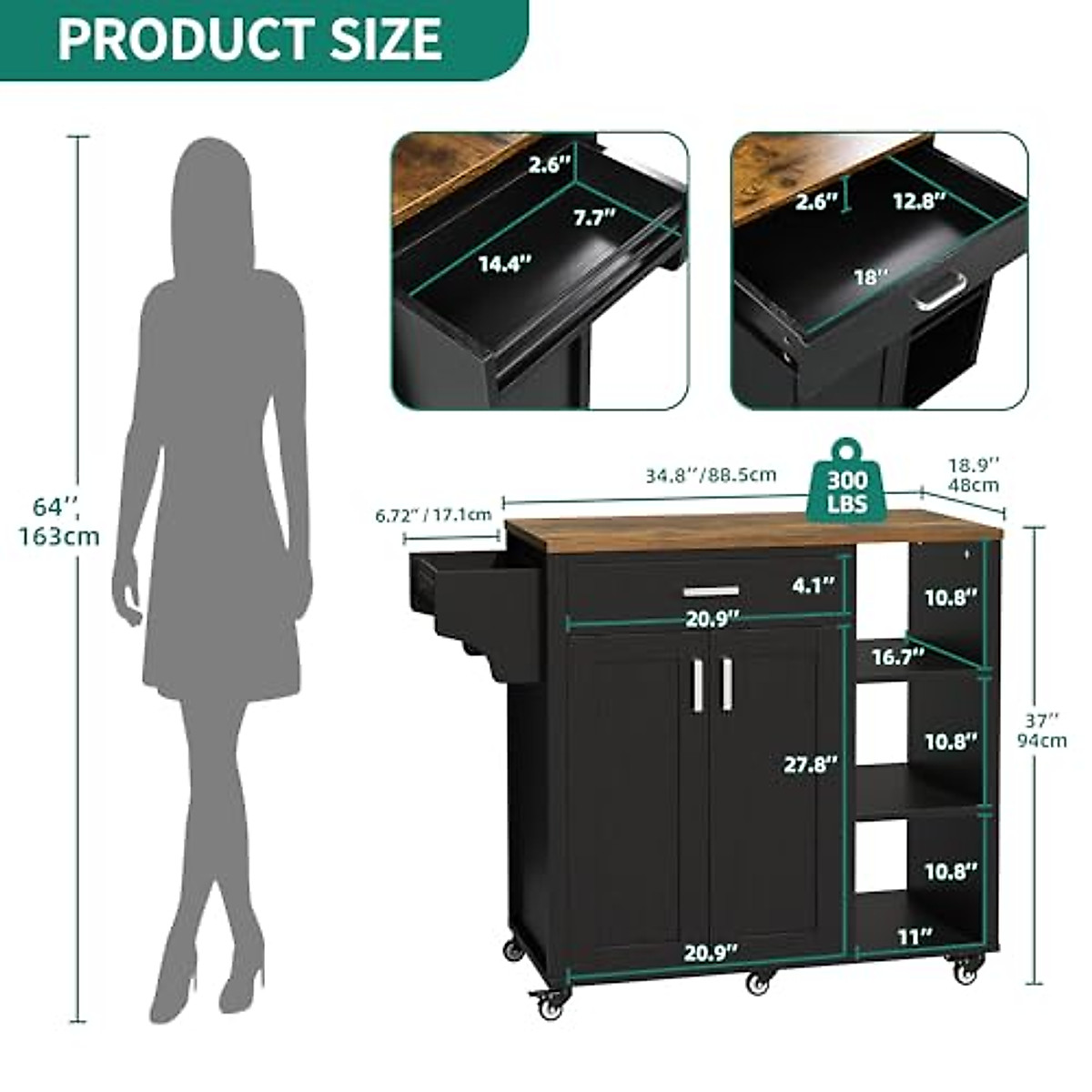 YITAHOME Rolling Kitchen Island Cart on Wheels with Storage, Drawer, Open Shelves, Spice/Towel Rack, Multi-Functional 2 Doors Kitchen Table Island for Dining Room, 42.5” Wide Black