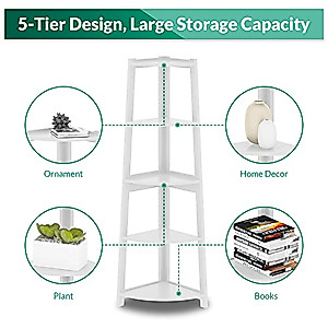 VIVIJASON 5 Tier Corner Shelf – Modern Wall Corner Storage Rack Plant Stand Small Bookshelf - Freestanding Ladder Shelf Display Organizer for Living Room, Kitchen, Home Office, Small Space (White)