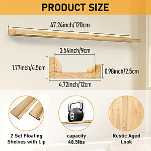 tonchean Floating Shelves 49 inch Pine Wooden Shelf with Ledge, 2 Pcs Long Floating Shelf with Lip for Wall, Picture Shelf for Living Room Bedroom Kitchen