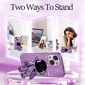 Buleens Astronaut iPhone 13 Mini Case, Clear with Glitter & Spaceman Stand, Purple