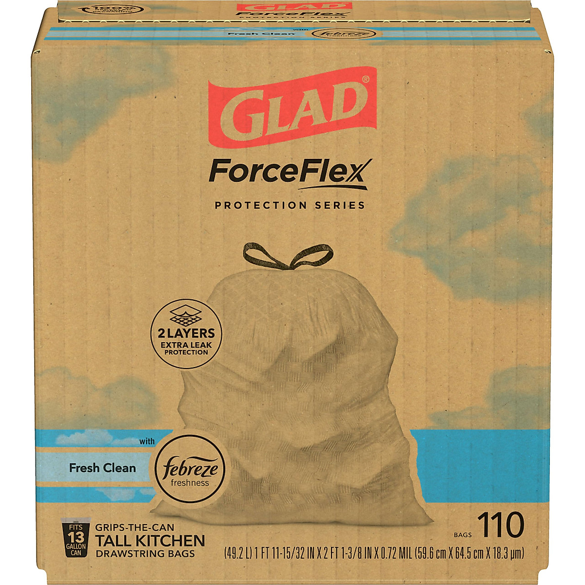 GLAD ForceFlex Tall Kitchen Drawstring Trash Bags, 13 Gallon Grey Trash Bag for Kitchen, Fresh Clean with Febreze Freshness and Leak Protection, 110 Count