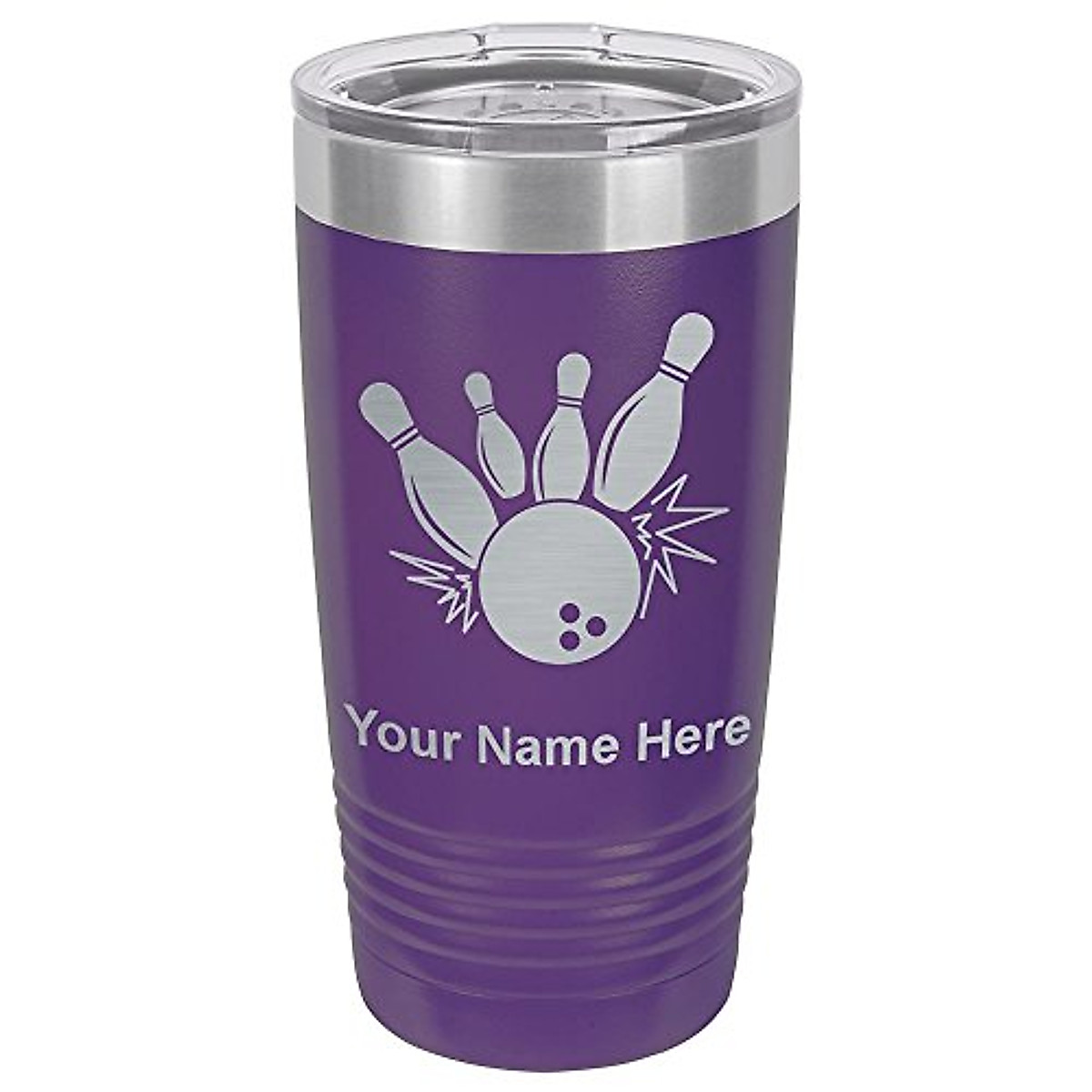 LaserGram 20oz Vacuum Insulated Tumbler Mug, Bowling Ball and Pins, Personalized Engraving Included (Dark Purple)