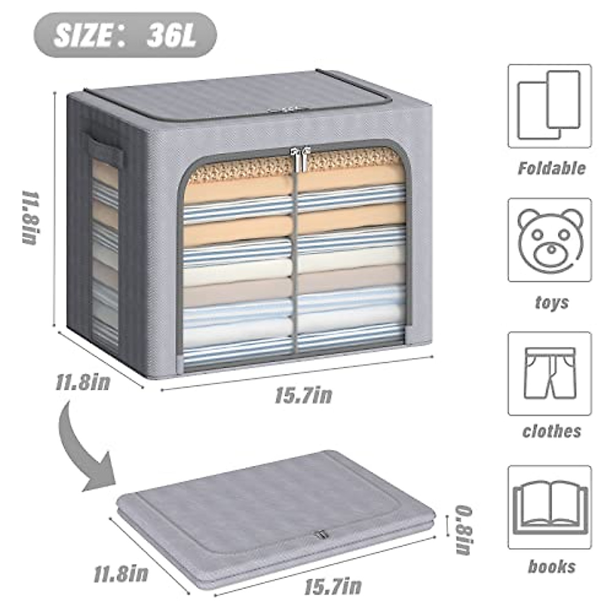 2Pack Stackable Storage Bins Oxford Frame Storage Box with Clear Window, Label Holder, Durable Carry Handles (Light Grey, 3x36L-15.7x11.8x11.8)