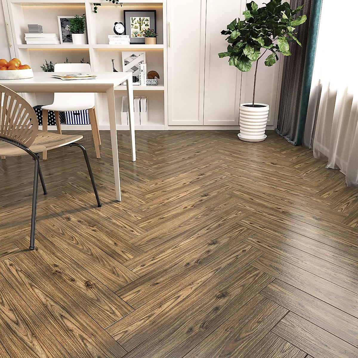 Skyblur Brown Peel and Stick Wooden Floor Tiles for Kitchen Backsplash - Waterproof, Self-Adhesive, 35x6 Inch, 4 Pcs