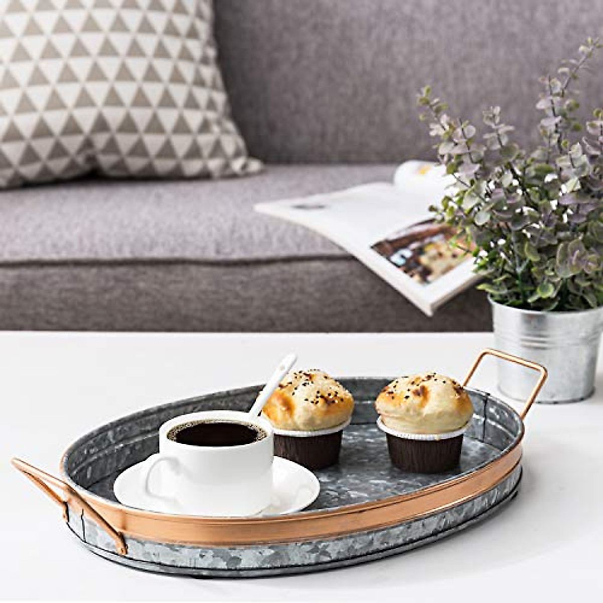 MyGift Rustic Galvanized Metal Decorative Tray with Copper Tone Rim and Handles, 16 Inch Oval Serving Tray - Handcrafted in India