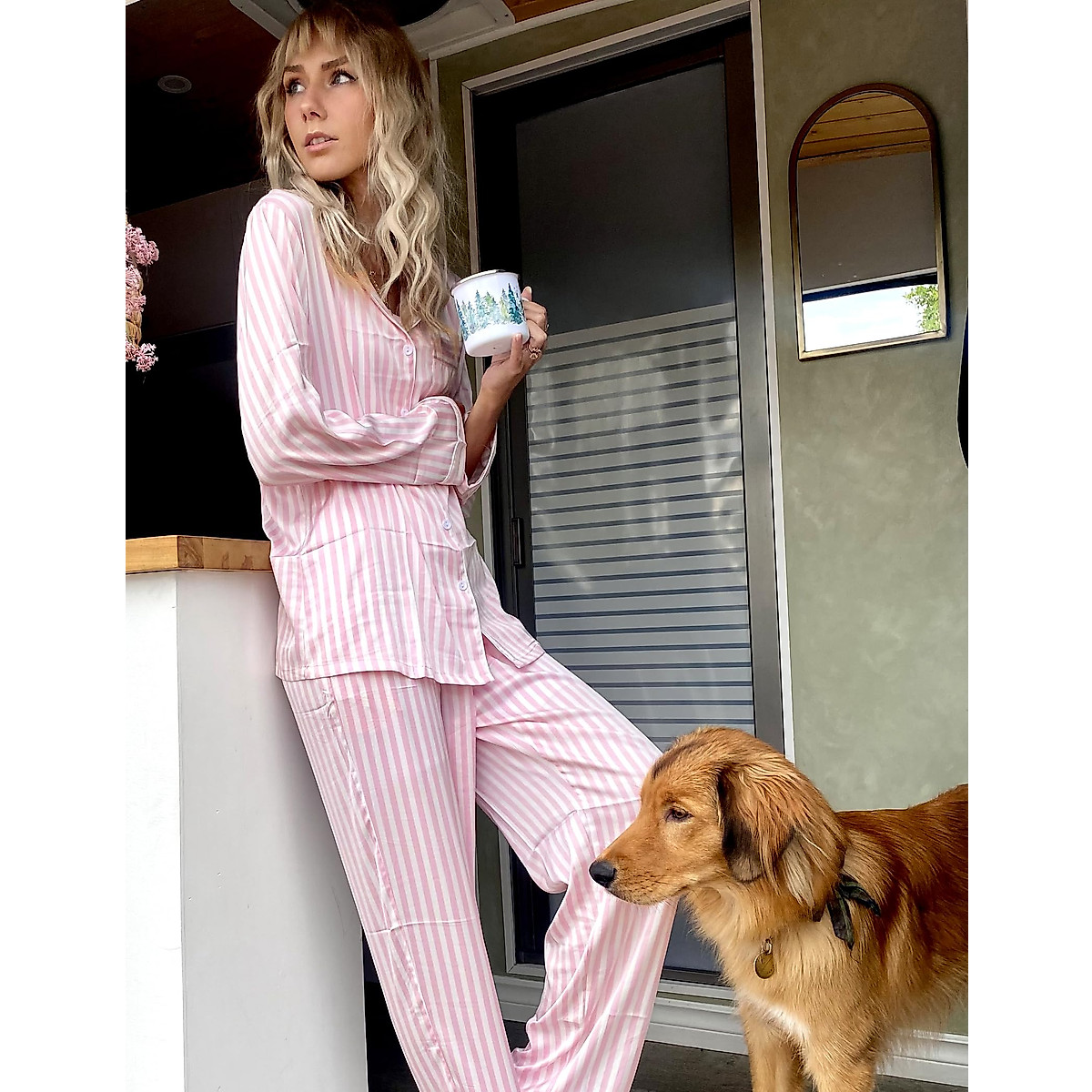 Ekouaer Silk Satin Pajamas Women's Long Sleeve Pj Set Soft Button Down 2 Piece Sleepwear Loungewear Pink Striped,M