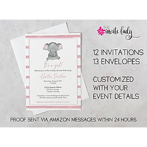 Elephant Baby Shower Invitations Stripes Pink It's a Girl l Little Peanut Invites Customized Personalized Printed (12 Count)