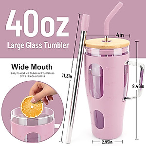 Zukro 40 oz Glass Tumbler with Bamboo Lid and Straw, Glass Water Drinking Cup With Handle, Boba Straw, Time Marker, Large Glass Iced Coffee Cup with Silicone Sleeve, BPA Free, Lilac