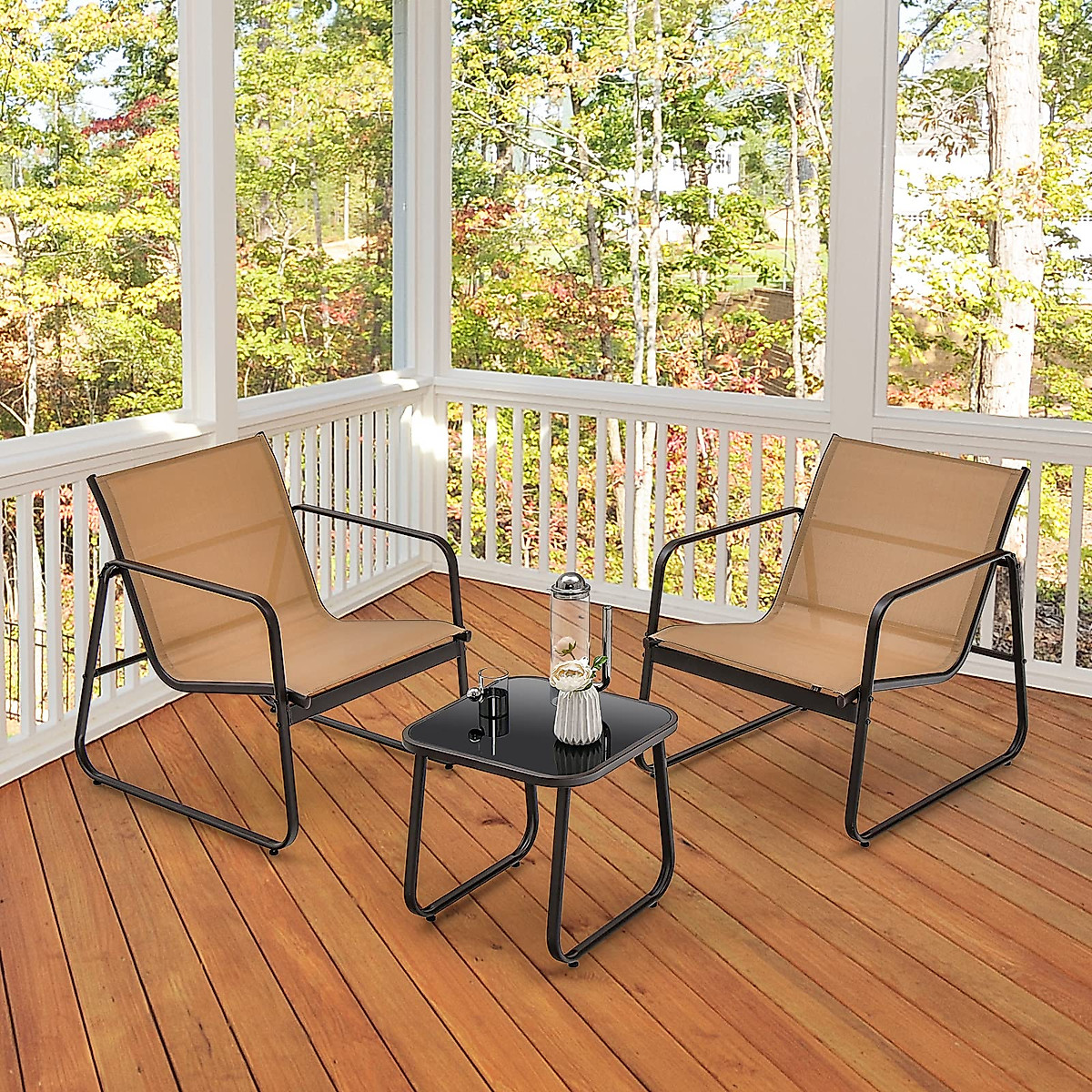 Tangkula 3 Pieces Patio Conversation Set, Outdoor Metal Chair & Table Set, Breathable Fabric & Tempered Glass Tabletop, Metal Frame Furniture Set for Backyard, Poolside