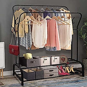 RELIANCER Heavy Duty Deluxe Double-Rail Garment Rack w/ 2 Tier Shoe Shelves 140lb Capacity Large Clothes Hanging Rack Commercial Clothing Organizer Indoor Bedroom Store Coat Hanger Holder