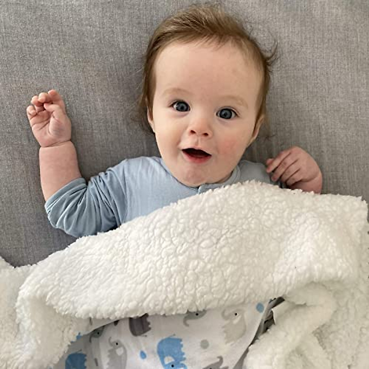 EVERYDAY KIDS Large Ultra Soft Gray and Blue Elephant Minky Baby Blanket for Boys Mink and Sherpa Toddler and Baby Boy Blanket Measures 30 x 40”; Trendy Animal Elephant Baby Nursery Decor