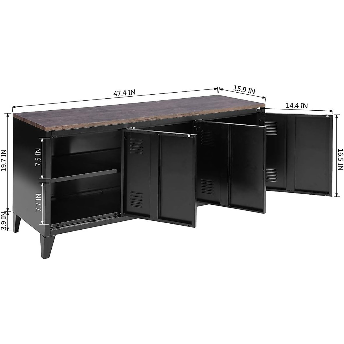 FurnitureR Office File Storage Console Cupboard Metal Cabinet 3 Door Cupboard Locker Organizer with Walnut MDF Top Black Metal Frame