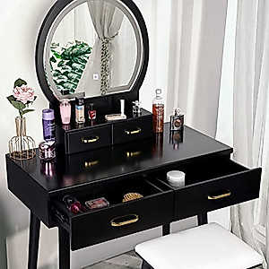 SMOOL Vanity Desk with Lighted Mirror - 3 Color Lighting Modes Adjustable Brightness, 4 Drawers Makeup Table with Soft Cushioned Stool for Bedroom Studio, Black