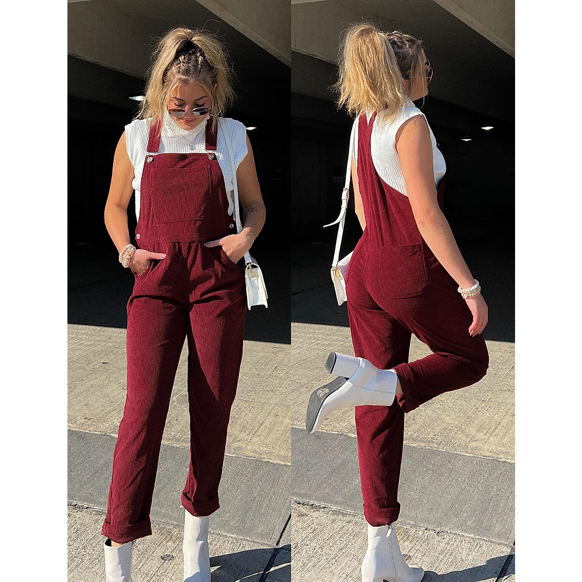 luvamia Corduroy Overalls for Women Adjustable Straps Fashion Bib Bib Overall Red Overalls Tawny Port Womens Casual Jumpsuit Size Medium Fits Size 8 / Size 10