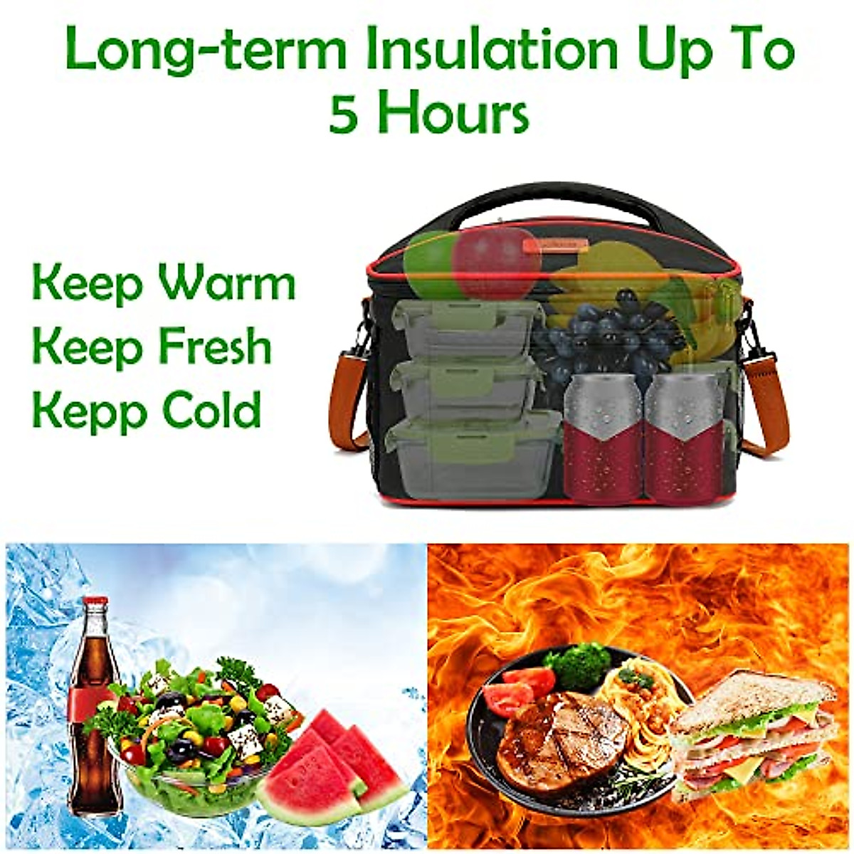 LOKASS Lunch Box Insulated Lunch Bag Leakproof Cooler Bag Large Drinks Holder Wide-Open Snacks Organizer with Shoulder Strap for Men Women Adult Work School Picnic Beach Camping Hiking, Black(16L)